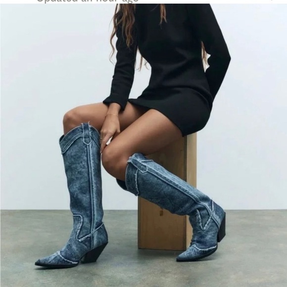Zara | Shoes | Zara Denim Frayed Cowboy Boots Blue Blogger Fav Nwt Size ...